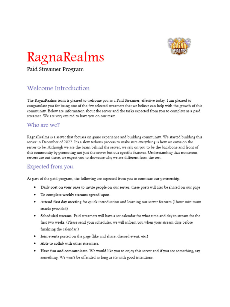 RagnaRealms Paid Streamer Program | PDF