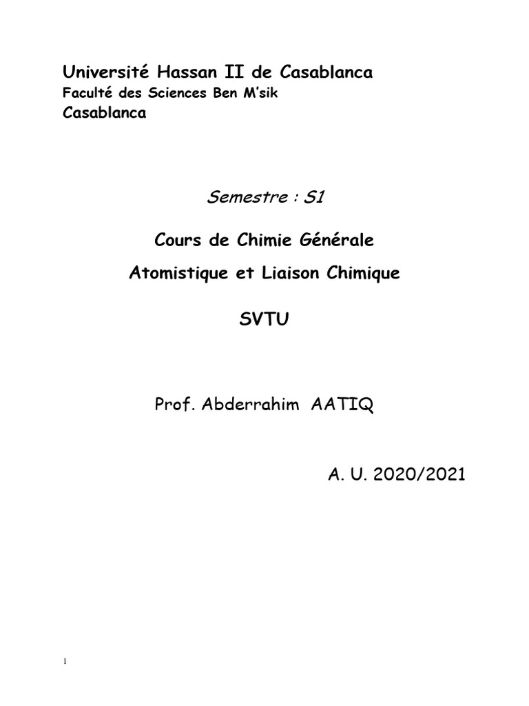 Cours Atomistique SVTU 2020-21 Prof. AATIQ | PDF