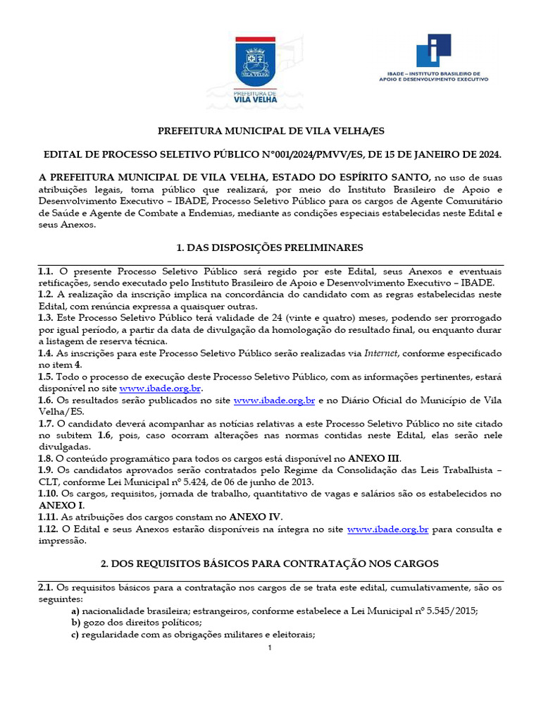 Edital de Processo Seletivo Público Nº001.2024..Pmvv-es, De 15 de ...