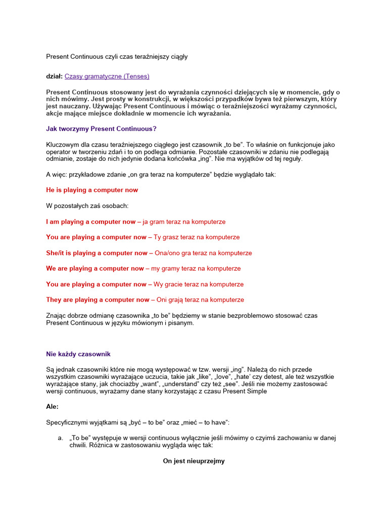 Present Continuous Czyli Czas Teraźniejszy Ciągł1 | PDF