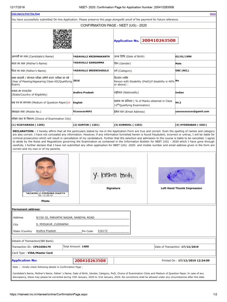 Confirmation Page - Neet (Ug) - 2020: Application No | PDF
