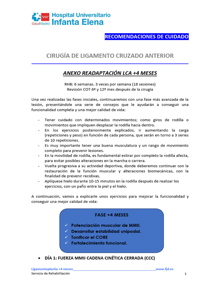 Cirugía de Ligamento Cruzado Anterior: Anexo Readaptación Lca +4 Meses ...