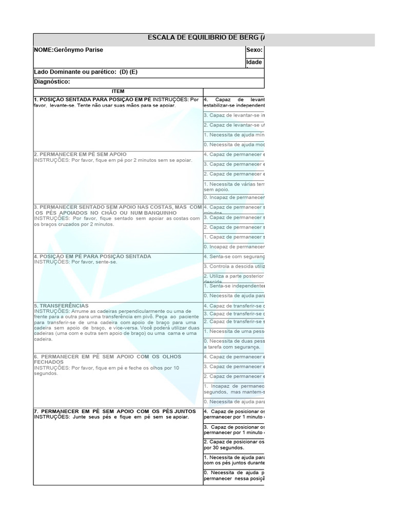 Escala de Equilibrio de Berg - MODELO | PDF | Anatomia dos primatas | Pé