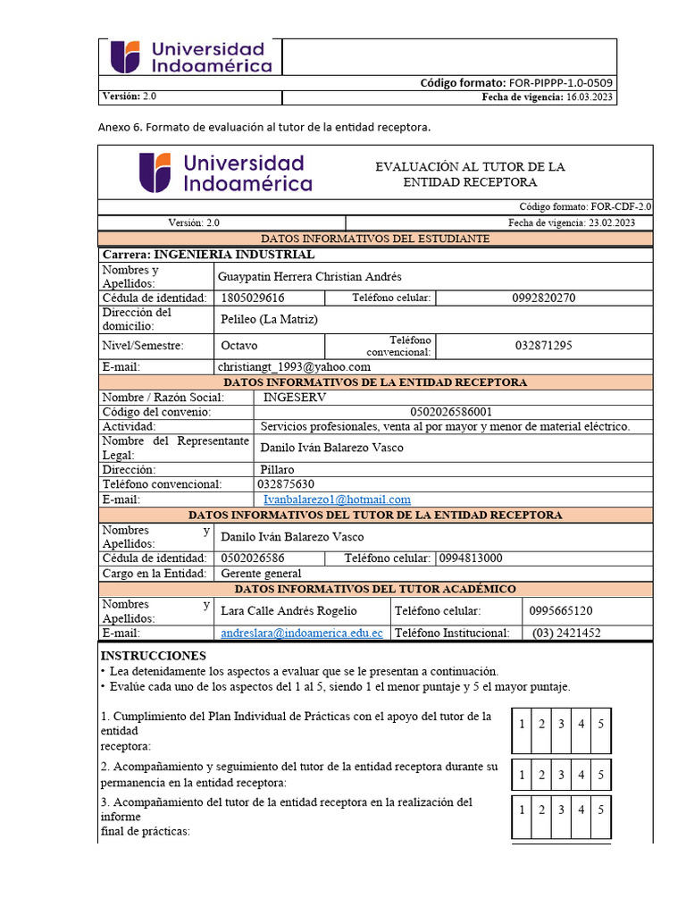 Anexo 6. Formato de Evaluación Al Tutor de La Entidad Receptora. | PDF | Aprendizaje
