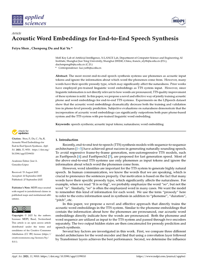 Acoustic Word Embeddings MDPI | PDF | Speech Synthesis | Artificial Intelligence
