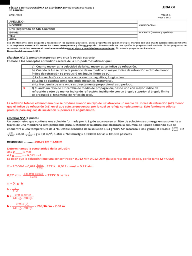 Clave 2P 2C 2023 Tema 1 | Descargar gratis PDF | Refracción | Ósmosis