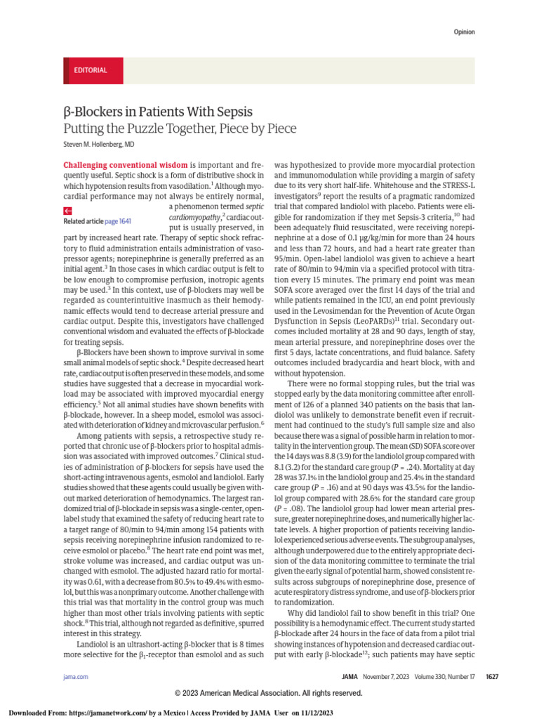 B-Blockers in Patients With Sepsis. Putting The Puzzle Together, Piece ...