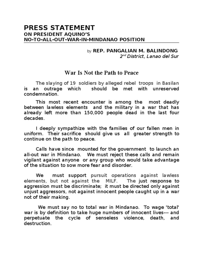 Oct. 24 2011 PR Cong. Balindong's Press Statement Basilan - War Is Not ...