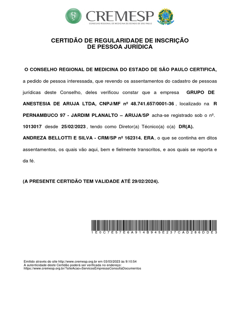 CERTIFICADO REGISTRO CREMESP | PDF CERTIFICADO REGISTRO CREMESP | PDF