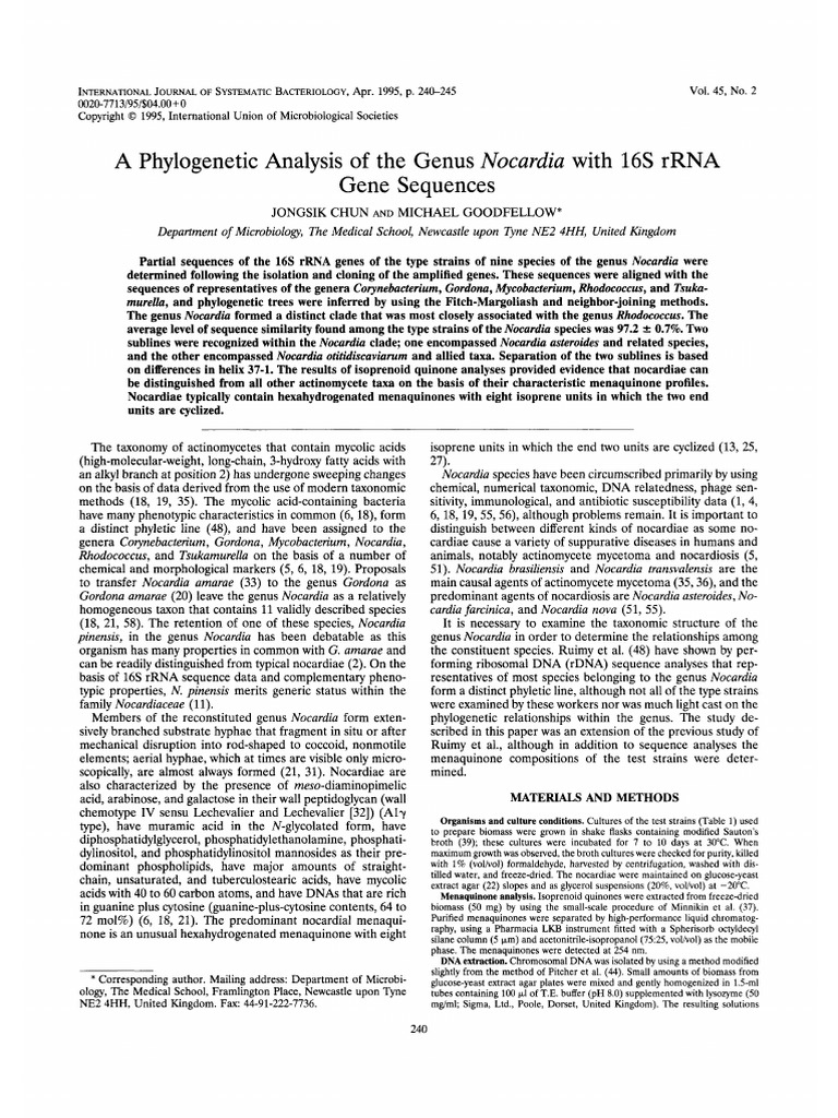 A Phylogenetic Analysis of The Genus Nocardia With 16s RRNA Gene Sequences | PDF | Polymerase ...
