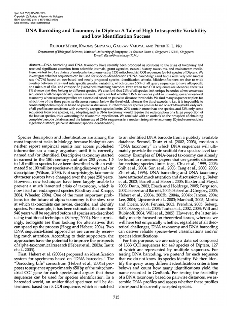 DNA Barcoding and Taxonomy in Diptera - A Tale of High Intraspecific Variability and Low ...