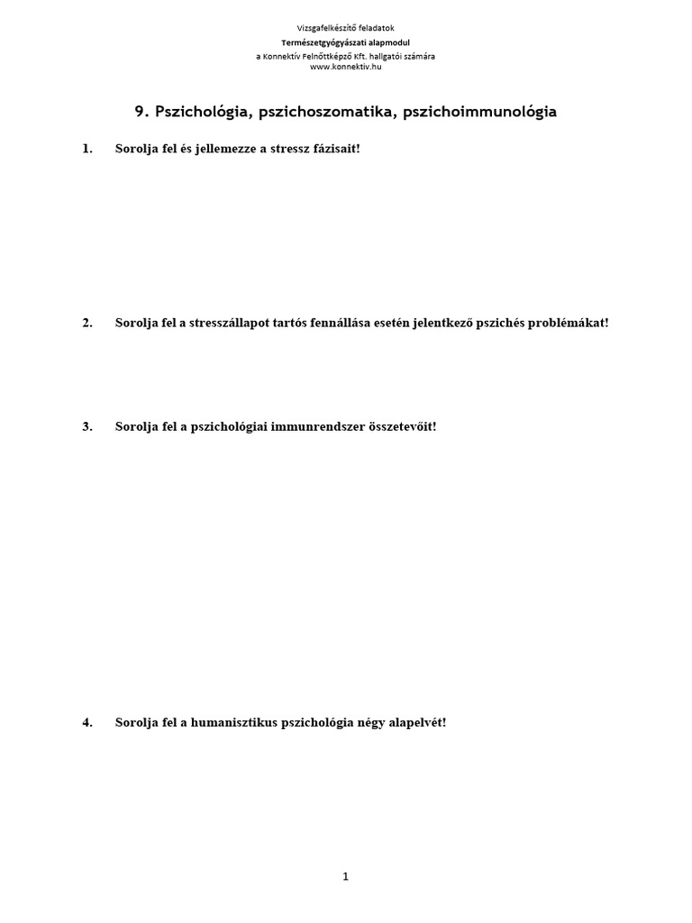 Ellenőrző Kérdések Pszichológia, Pszichoszomatika, Pszichoimmunológia | PDF