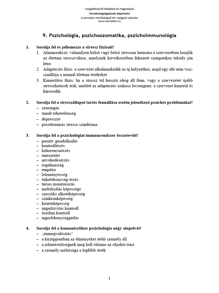 Megoldólap Pszichológia, Pszichoszomatika, Pszichoimmunológia | PDF