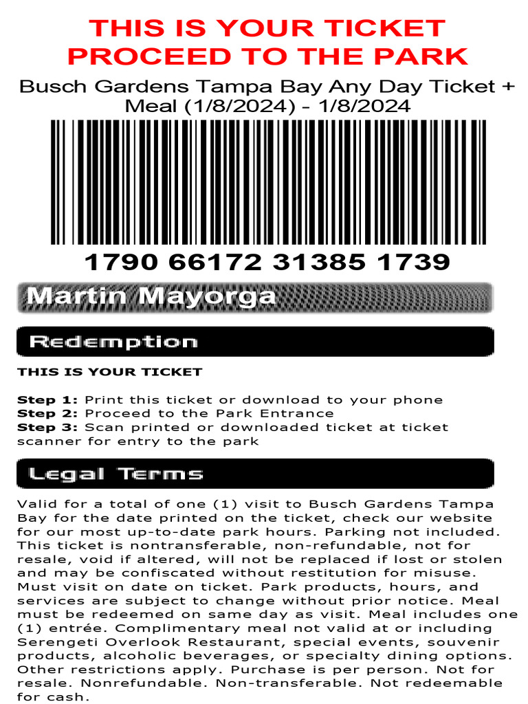 Martin Mayorga: Busch Gardens Tampa Bay Any Day Ticket + Meal (1/8/2024 ...