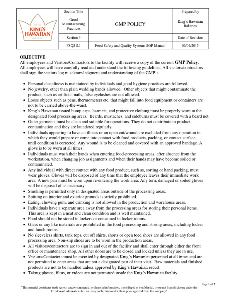 16 GMP Policy FSQS 8.1 150604 | PDF | Clothing | Freedom Of Information ...