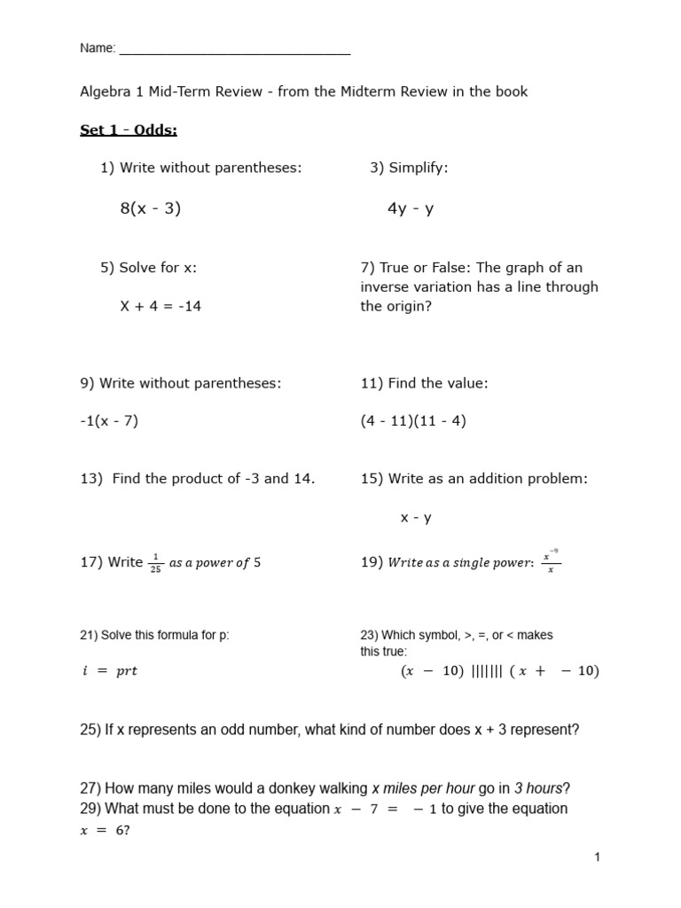 Algebra 1 Mid-Term Review - From The Midterm Review in The Book ...