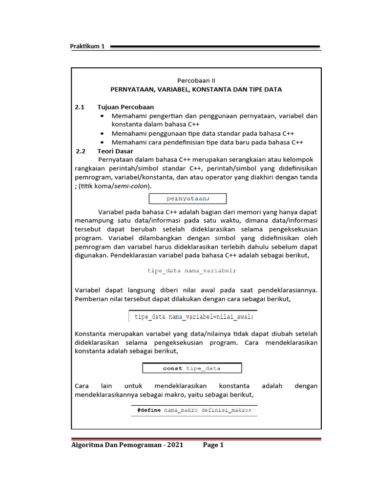Praktikum 1 Percobaan 2 Pernyataan, Variabel, Konstanta Dan Tipe Data | PDF | Metode & Bahan ...