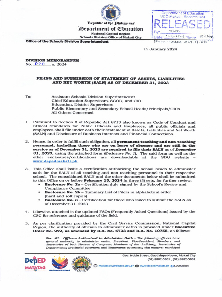 DM 020 Filing and Submission of Statement of Assets, Liabilities and ...