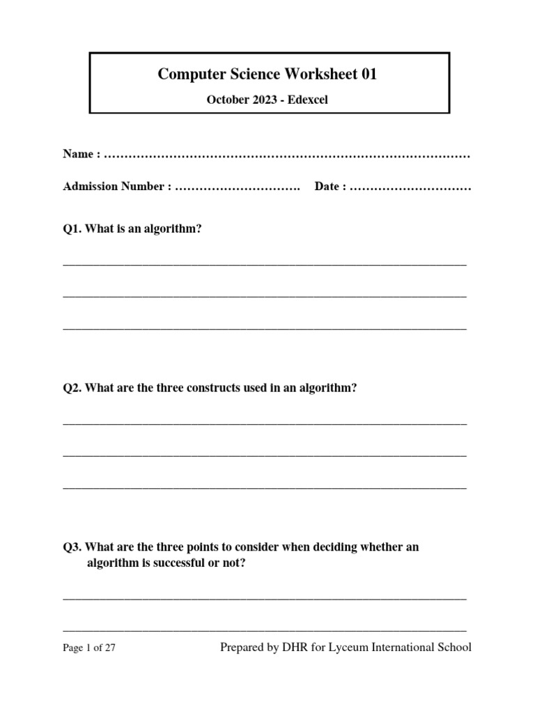 Computer Science Worksheet 01 DHR - LIS | PDF | Applied Mathematics | Computing