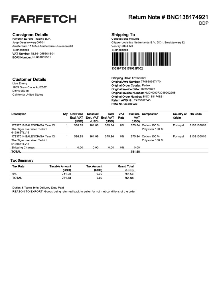 Return Note # BNC138174921: DDP Consignee Details Shipping To | PDF ...