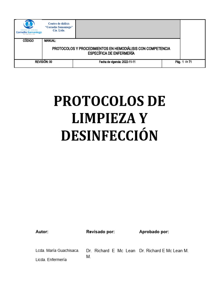 Protocolo de Limpieza y Desifeccion | PDF | Lavado de manos | Hemodiálisis