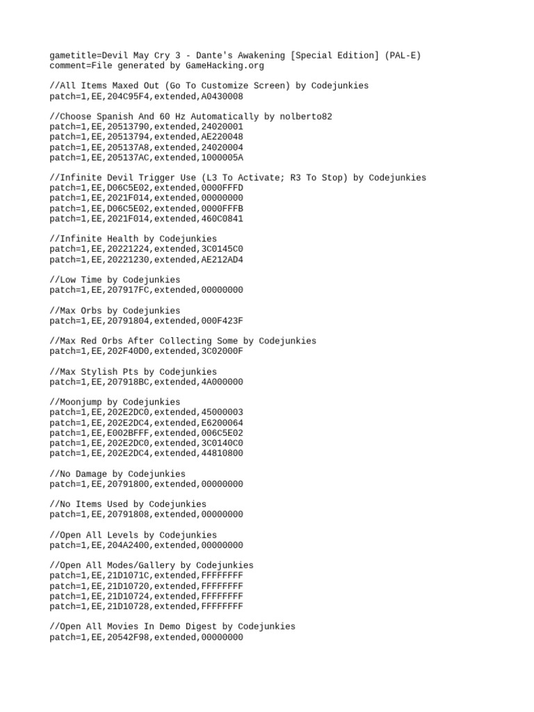 Devil May Cry 3 - Dante's Awakening (Special Edition) (PAL-E) .Pnach | PDF