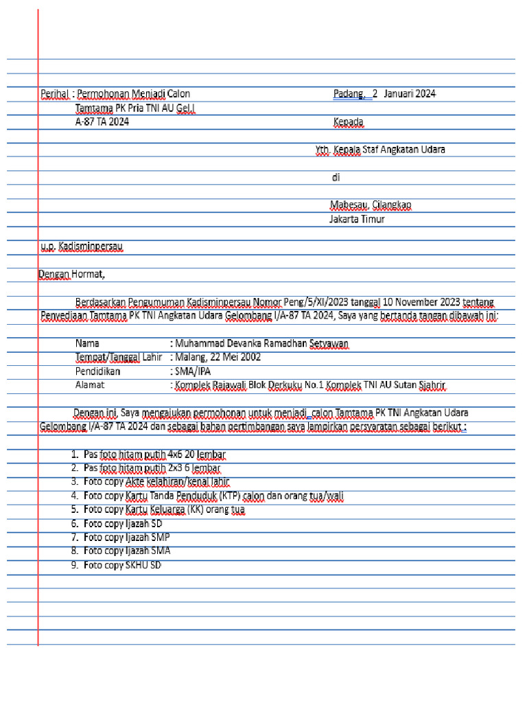 Surat Permohonan Casis Tamtama 87 | PDF