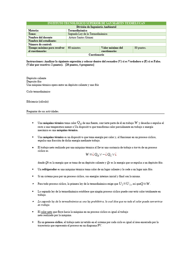 Cuestionario Termo Tema 4 v1 | PDF | Termodinámica | Calor