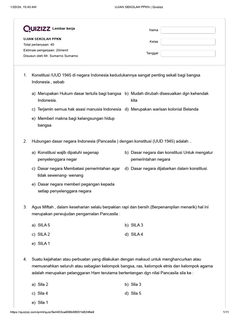 UJIAN SEKOLAH PPKN - Quizizz Again | PDF