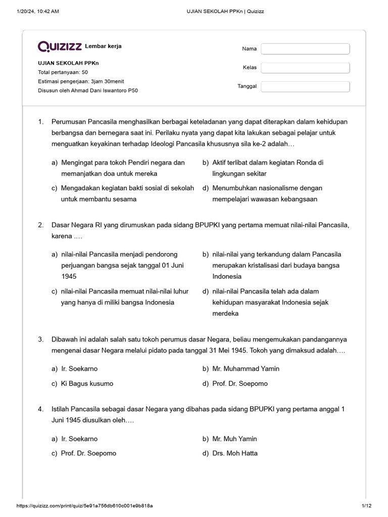 UJIAN SEKOLAH PPKN - Quizizz | PDF