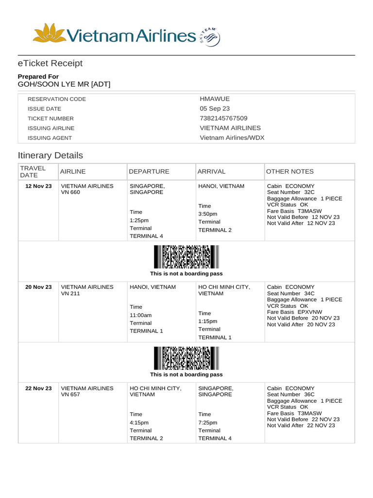 Electronic Ticket Receipt, November 12 For MR SOON LYE GOH | PDF ...