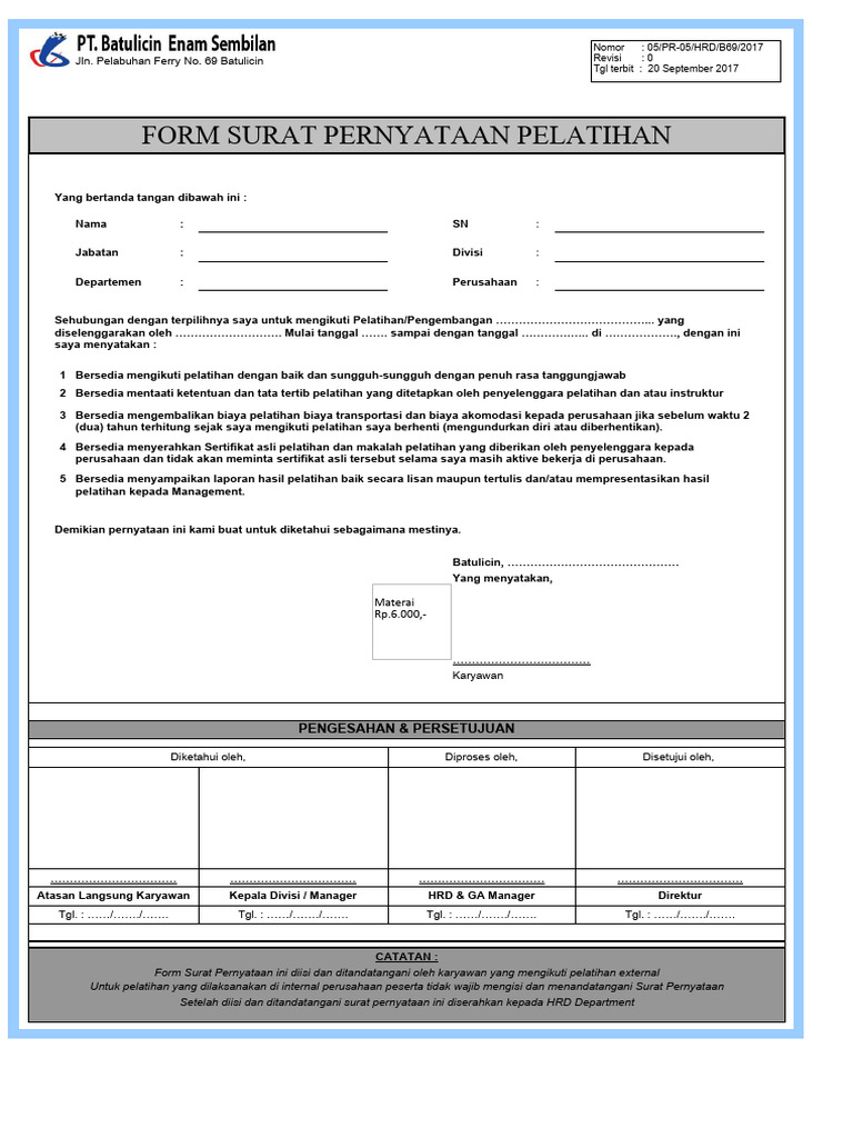 Form Surat Pernyataan Pelatihan (Berkas Asli Utk Asrip HRD HO) | PDF