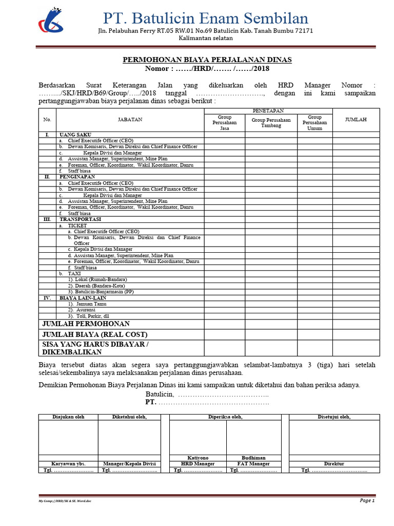 Permohonan Biaya Perjalanan Dinas | PDF