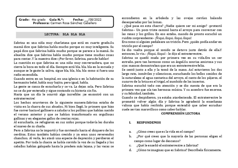 LECTURA BLA BLA BLA 4TO GRADO | PDF
