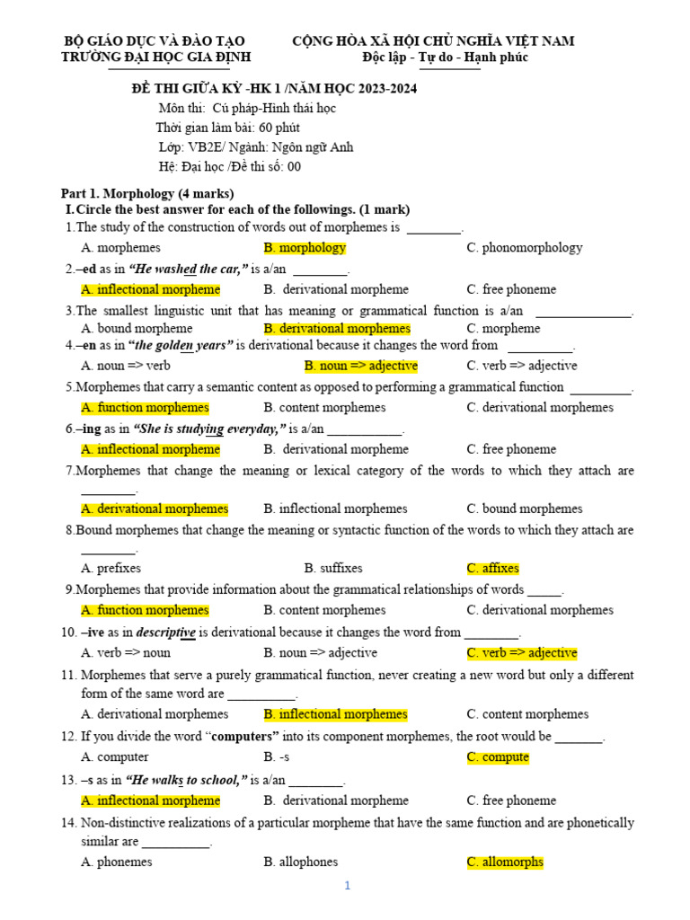 Midterm Exam: Syntax & Morphology | PDF | Word | Morphology (Linguistics)