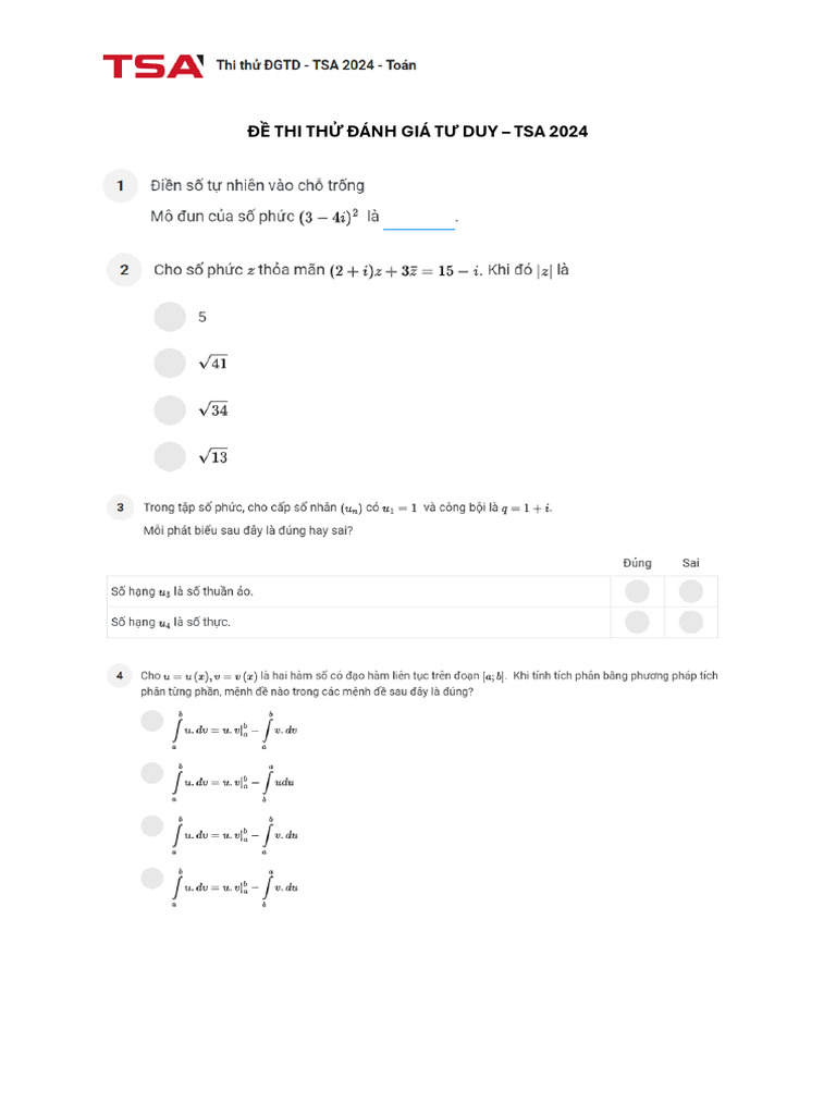 Đề Thi Thử Đánh Giá Tư Duy Tsa 2024 | PDF