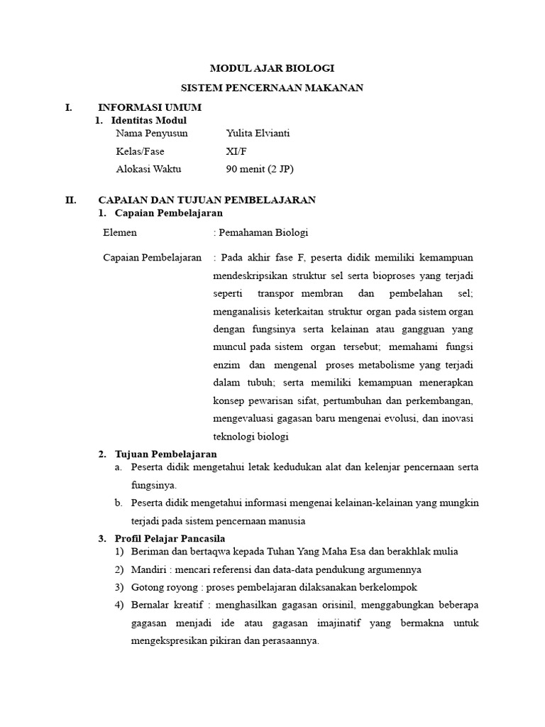 Modul Ajar Biologi-Sistem Pencernaan | PDF Modul Ajar Biologi-Sistem Pencernaan | PDF