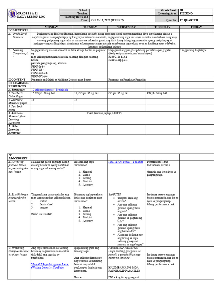 DLL - Filipino 3 - Q1 - W7 | PDF
