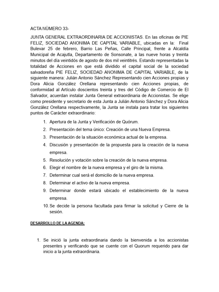 Acta de Junta para La Nueva Empresa | PDF | Gobierno