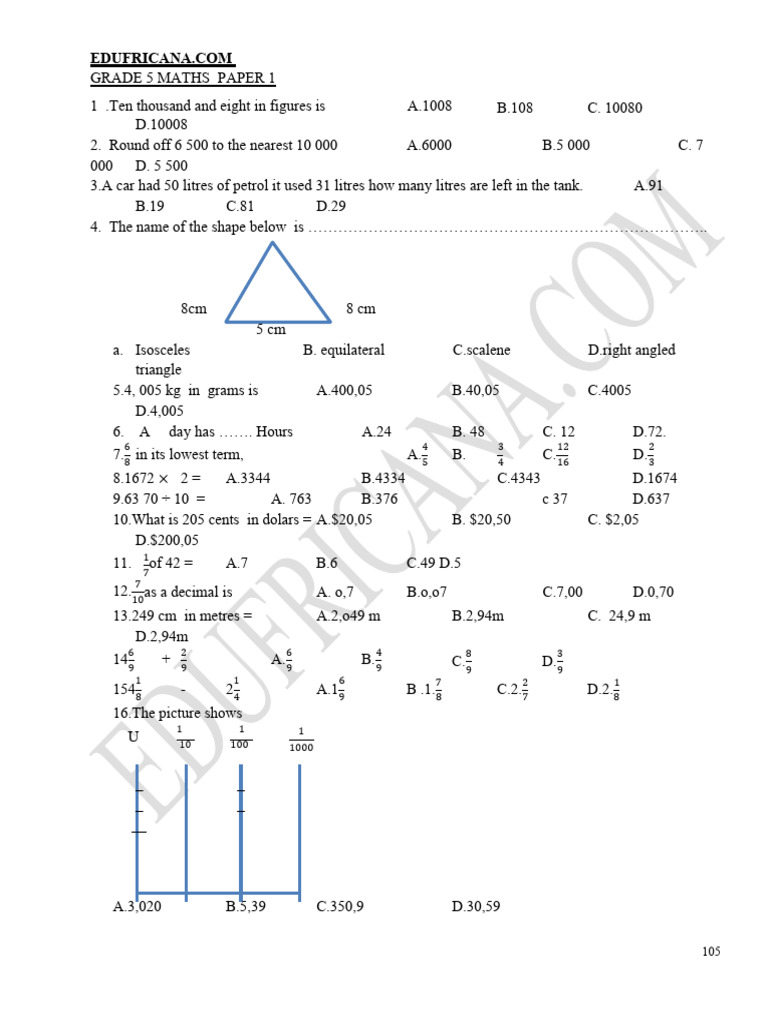 Zimbabwe Primary School ZIMSEC Grade 5 Maths Exam Paper 1 Set 2 | PDF ...