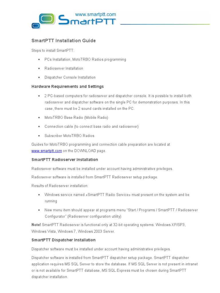 SmartPTT Installation Guide | PDF | Windows Xp | Microsoft Windows