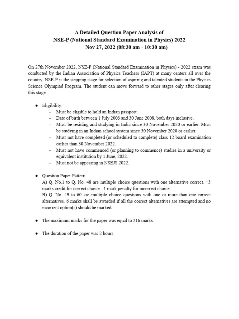 NSE-P 2022 Physics Exam Analysis | PDF | Electromagnetic Radiation ...