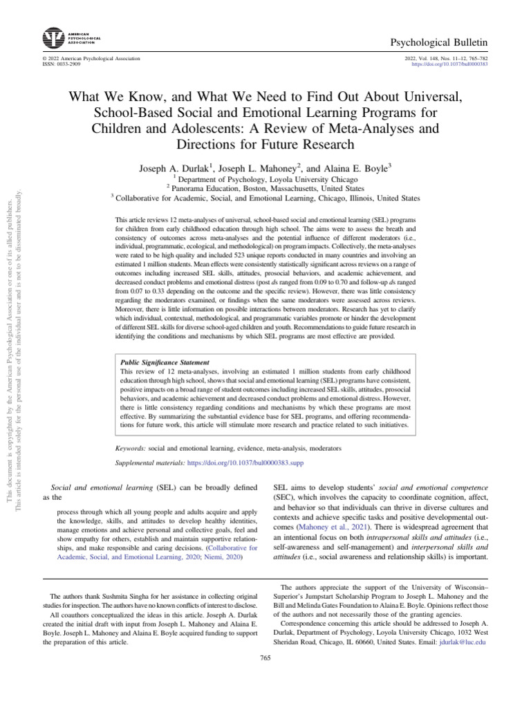 Durlak Et Al. - 2022 - What We Know, and What We Need To Find Out About U | PDF | Meta Analysis ...