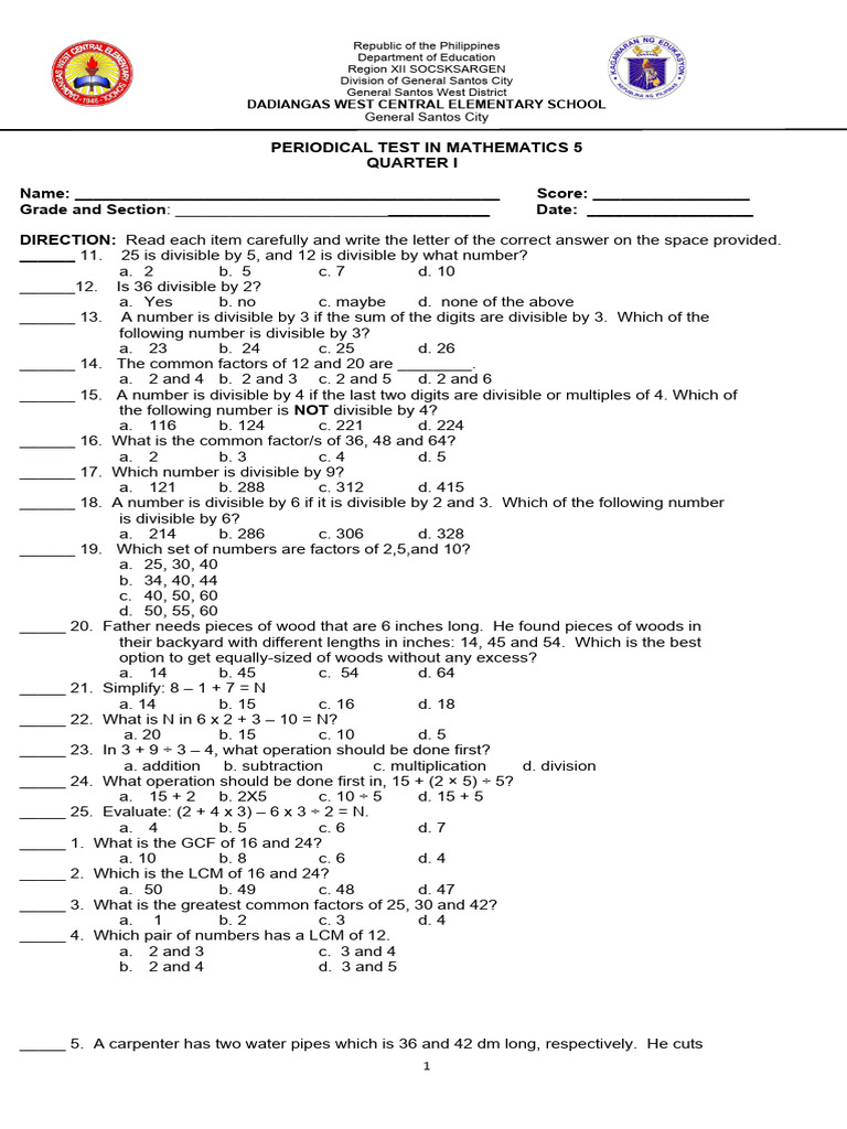 Math 5-Q1-PT | PDF | Multiplication | Numbers