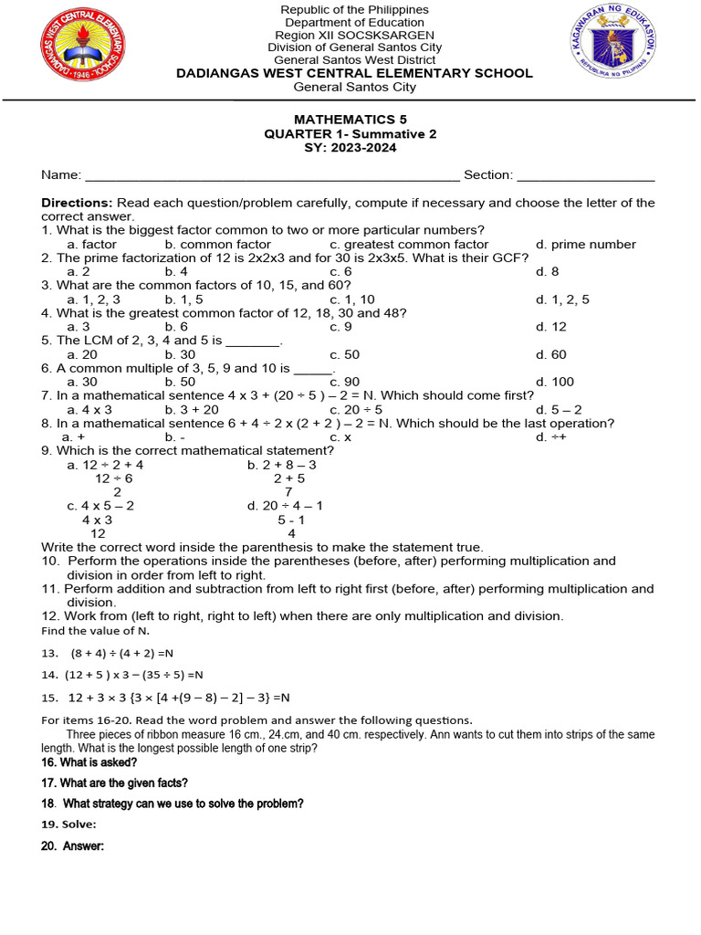 MATH Summative 2 Quarter 1 | PDF | Elementary Mathematics | Arithmetic
