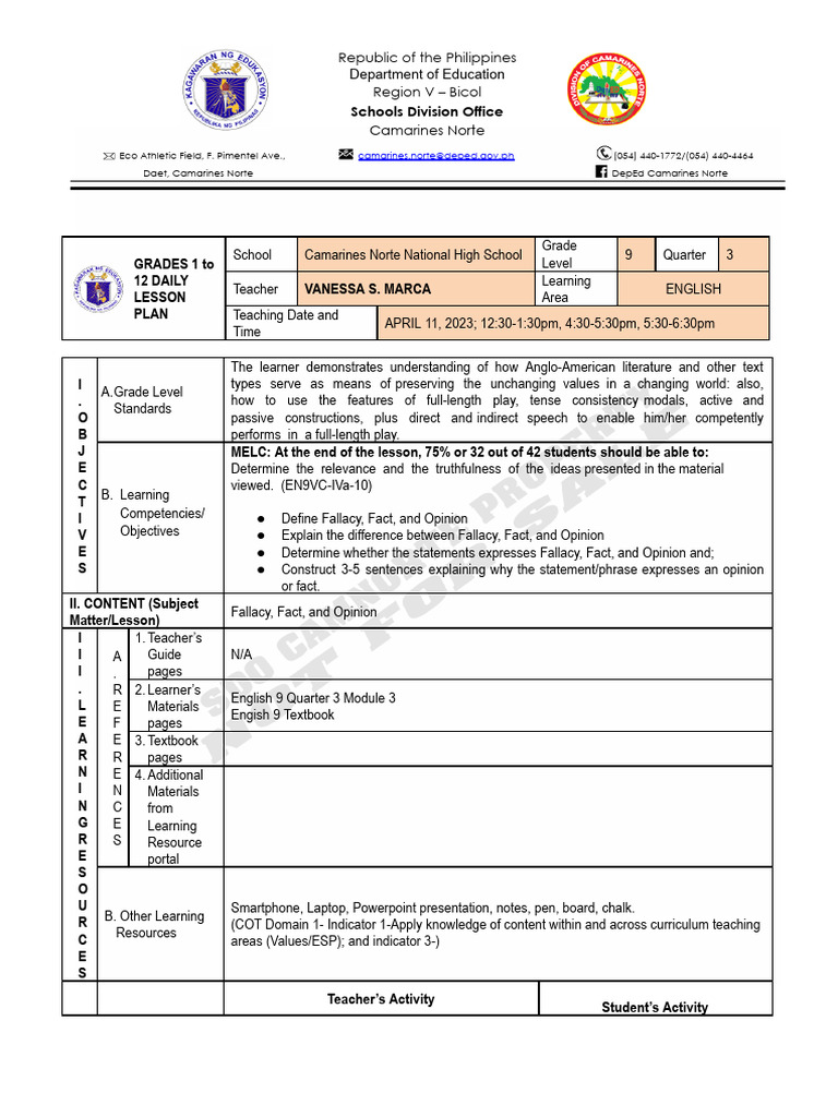 DLP Grade 9 Fallacy Fact Opinion | PDF | Fallacy | Truth