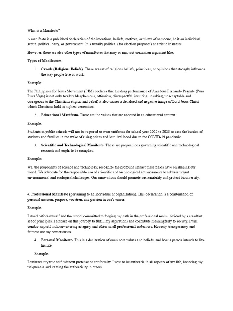 Types and Examples of Manifestos | PDF