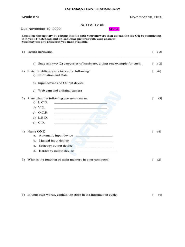 Activity Sheet Grade 8 | PDF | Computer Data Storage | Input/Output