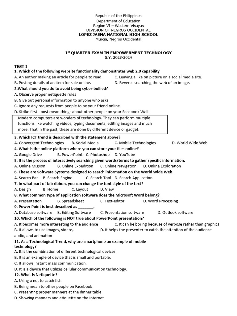 Emptech Q1 Exam | PDF | World Wide Web | Internet & Web