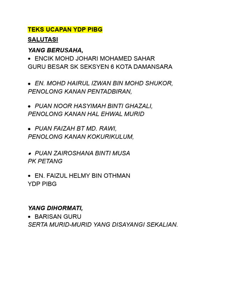 Teks Ucapan Ydp Pibg | PDF